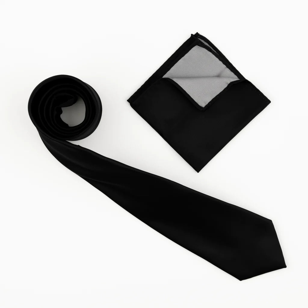Raven Black Satin Finish Silk Necktie with Matching Pocket Square ...